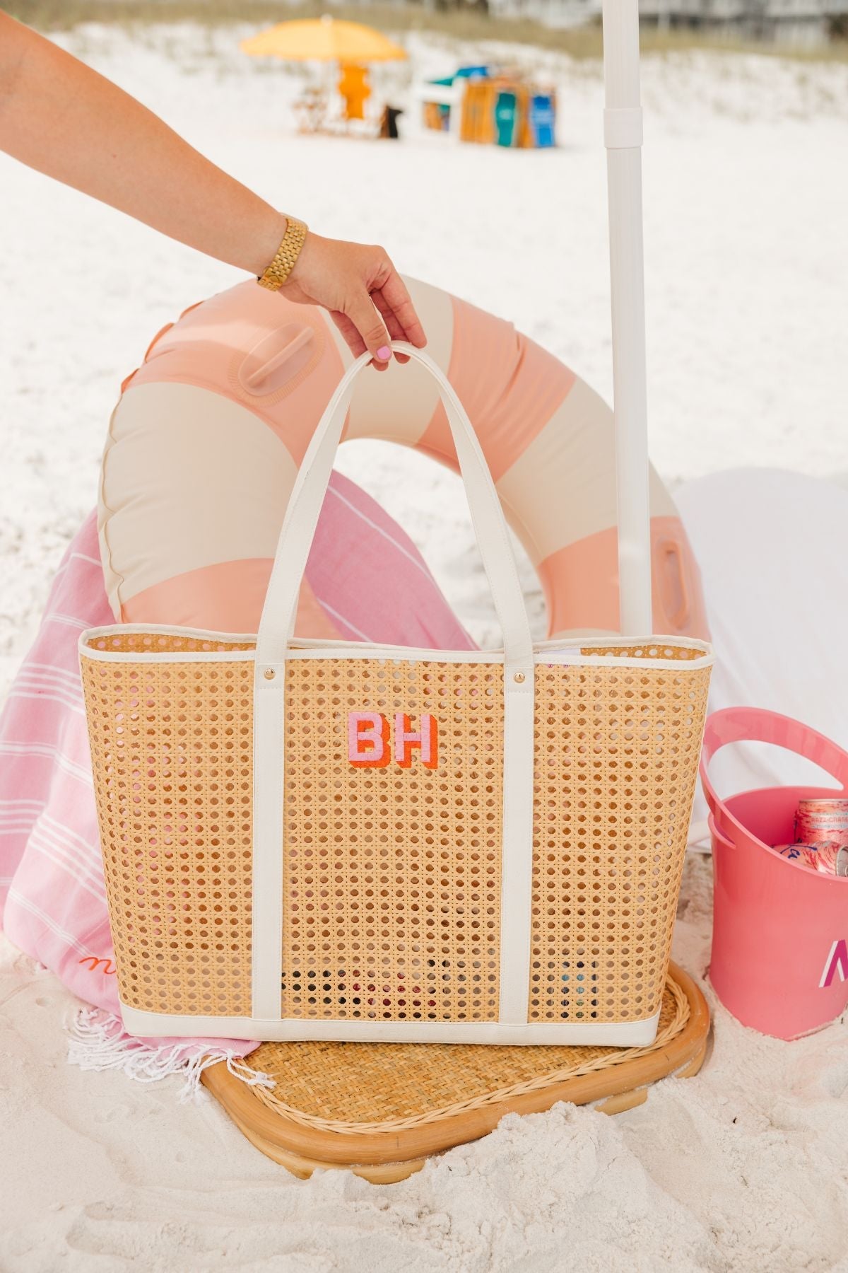 Embroidered Monogram Cane Tote - Sprinkled With Pink