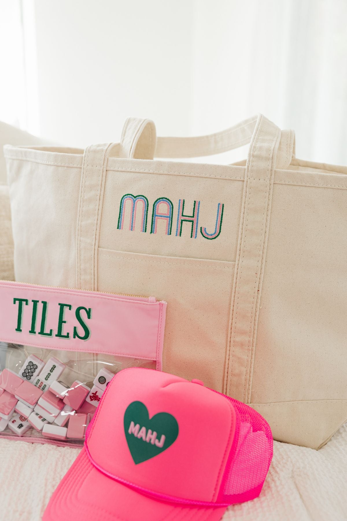 Embroidered Mahjong Canvas Tote - Sprinkled With Pink