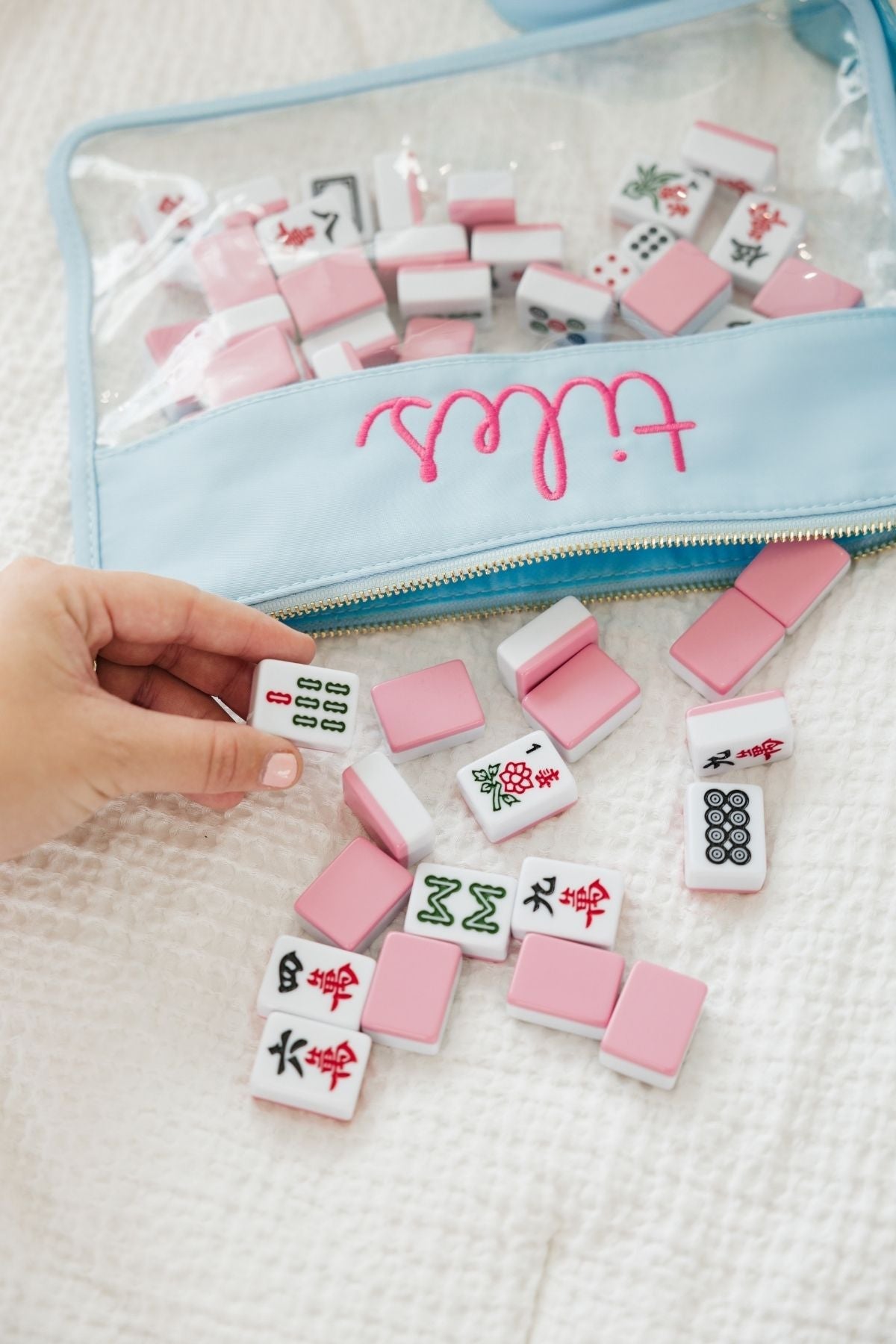 Embroidered Mahjong Pouch (Clear) - Sprinkled With Pink