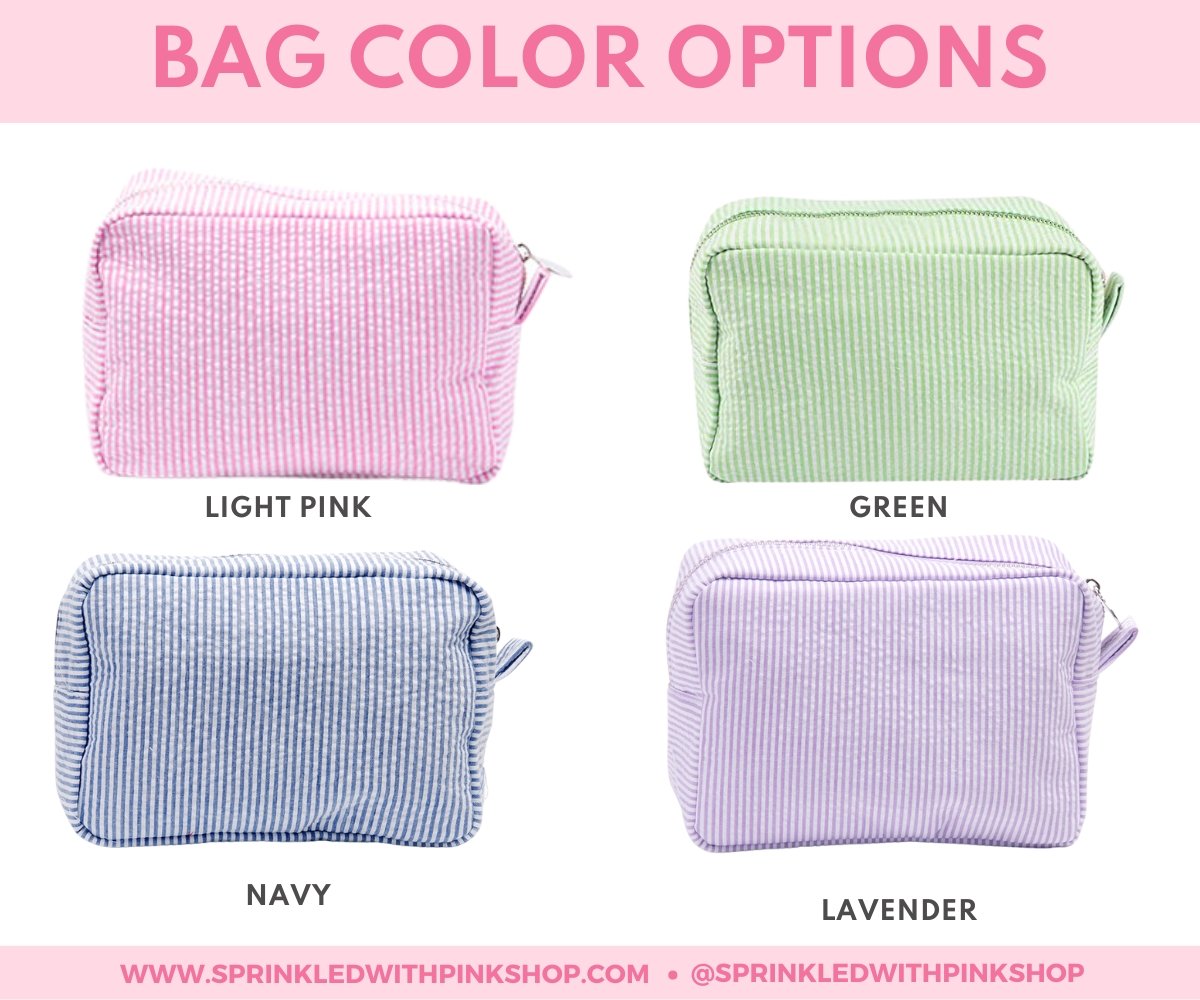 Custom Embroidered Seersucker Makeup Bag - Sprinkled With Pink