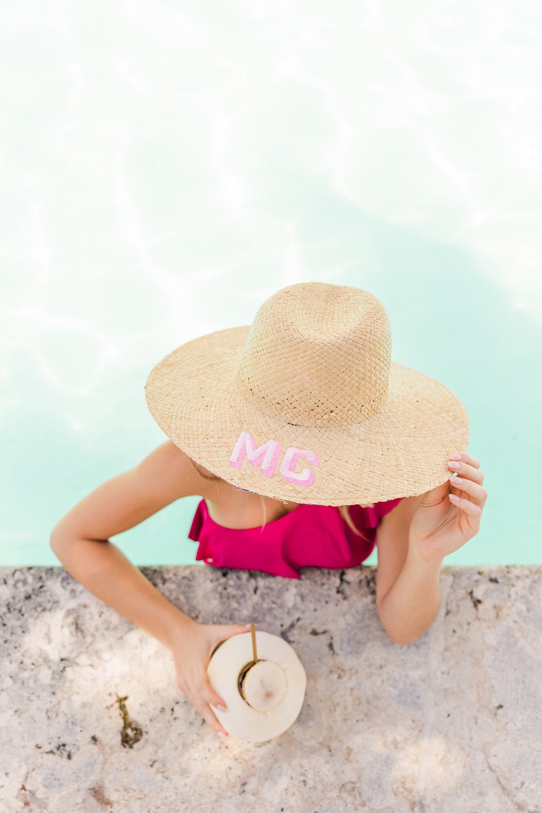 Embroidered Straw Beach Hat - Sprinkled With Pink